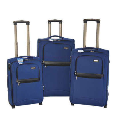 Dark blue trolley travel bag with two adjustable compression straps