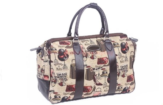 Customized cloth jute PU leather travel bags for lady with two front zippered pockets