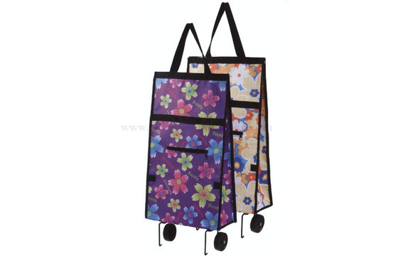 Colored supermarket foldable trolley shopping bag , wheeled traveling bags