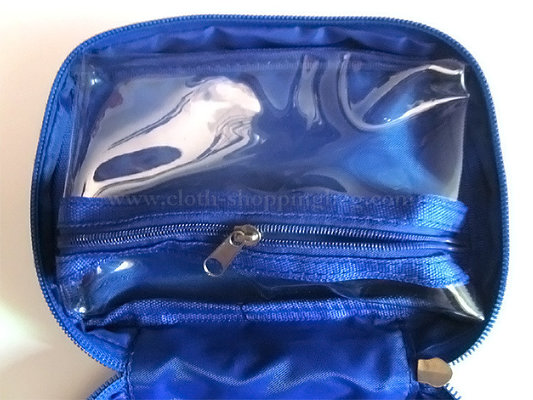 Blue travel wash bag with zipped pocket inside , hanging cosmetic bag