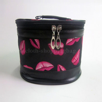 Cylindrical large cosmetic tote bag , red black travel makeup case