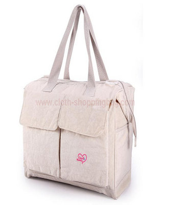 Pink nylon shopping shoulder tote bag with two front pocket easy carrying