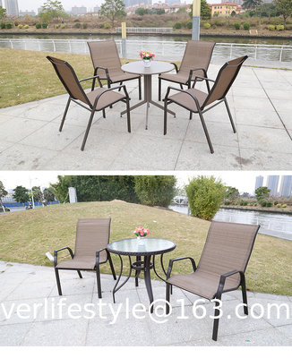 Textilene chair with aluminum frame and teak wood or poly wood arm BY CLOVER LIFESTYLE