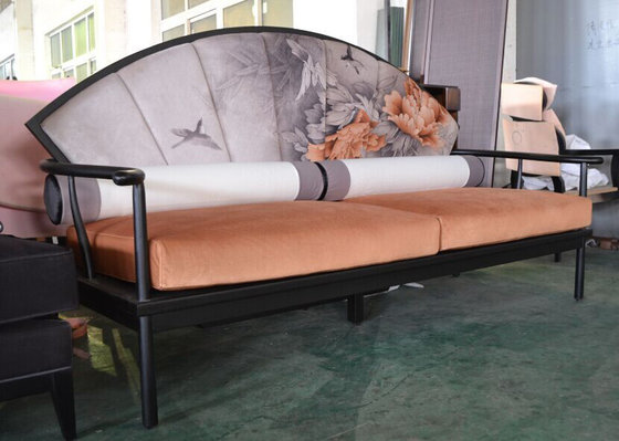 Artistic Wooden Frame Hotel Lobby Sofa Set / Orange Velvet Upholstered Couches Sofas