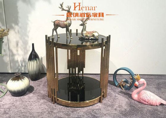 Gold Color Metal Side Table for Hotel Living Room Contemporary Tempered Glass Top