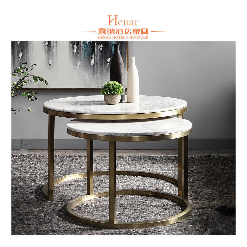 Golden Color Round Marble Coffee Table for Hotel Furniture Environment-friendly
