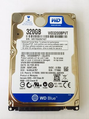 WD Blue 2.5 inch Internal Notebook Hard Drive 320GB 5400 RPM 8MB Cache WD3200LPVX