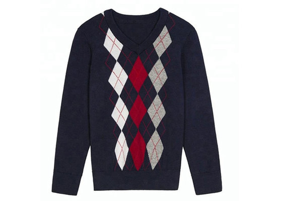 Soft Navy Men School Uniform Sweaters Plaid Pattern For Senior High School