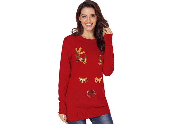 S - XXL Knit Ugly Christmas Sweater Round Collar Sequin Design For Ladies