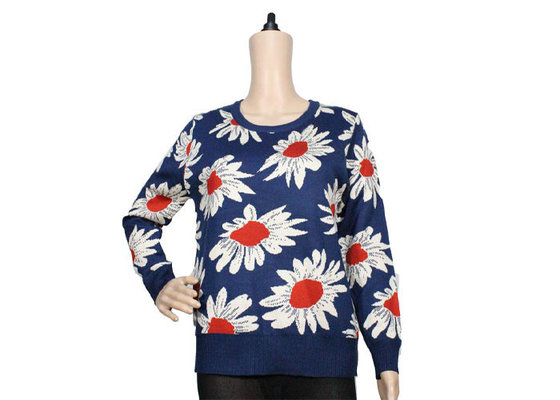 Ladies Navy Blue Womens Knit Sweater Crew Neck Jacquard Pattern For Spring