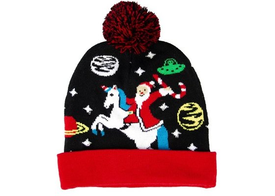 LED Jacquard Cable Knitted Warm Bobble Hat Soft Women Christmas Beanie With Pompom