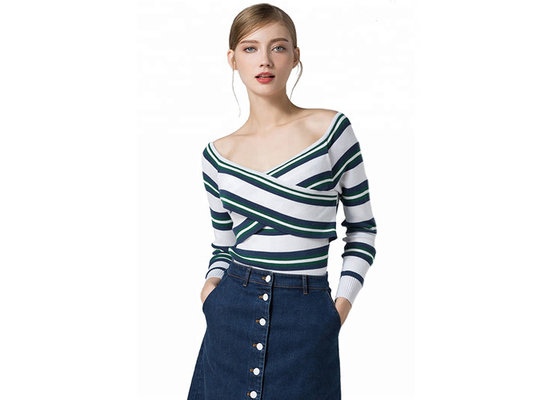Sexy Lady Cozy Knit Sweater Long Sleeve V Collar Pullover With Striped Pattern