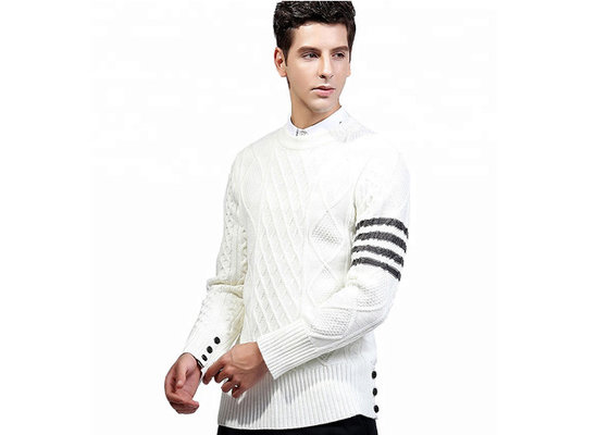 Spring Round Neck White Knit Pullover Sweater Stripe Long Sleeve Rib Him For Men