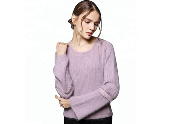 100% Angora Cozy Knit Purple Rabbit Crew Neck Angora Sweater For Ladies