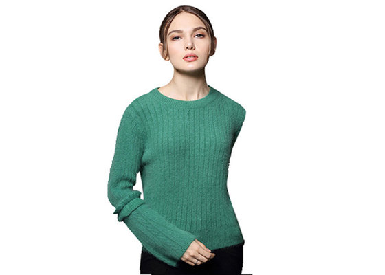 Solid Green Soft Cozy Knit Angora Hair Sweater Warm Long Flare Sleeve Round Collar