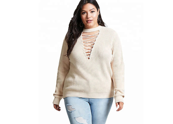 Pure Beige Color Cozy Knit Sweater V Neck Oversized Jumper Hollowed 12 GG