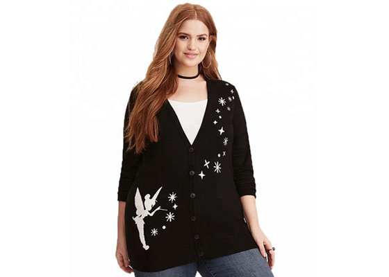 Black Color Plus Size Clothing Intarsia 12 Gauge US14 - 20 Size Cardigan Sweaters