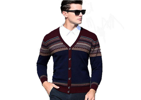 Men's V Neck Jacquard Wool Cardigan Sweater Button Knit Woolen Sweater For Mens