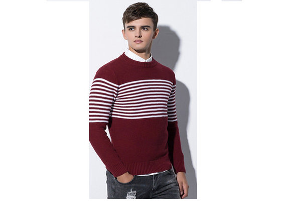Mens Winter Slim Fit Round Neck Cotton Cable White and Red Striped Sweater