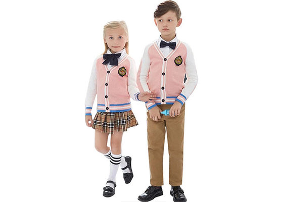 Anti - Pilling V Neck School Uniform Cardigan Sweaters Red And White Color