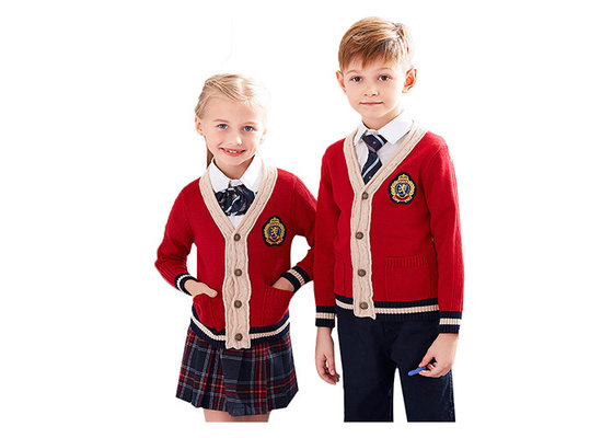 Red Color School Uniform Sweaters , Boys School Sweater Anti Shrinkage