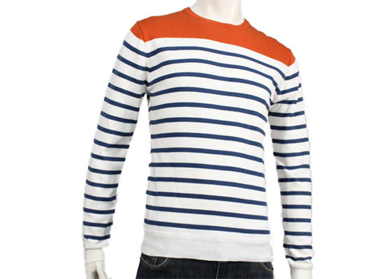 Plain Crew Neck Mens Knit Sweater For Spring And Autumn Blue And White Striped