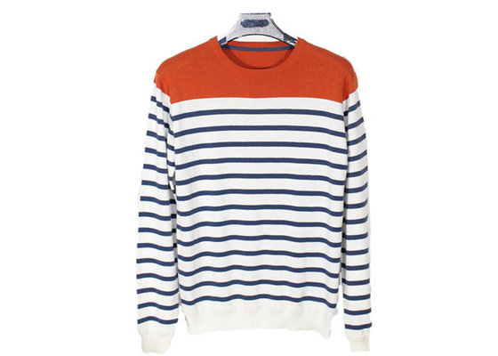 Plain Crew Neck Mens Knit Sweater For Spring And Autumn Blue And White Striped