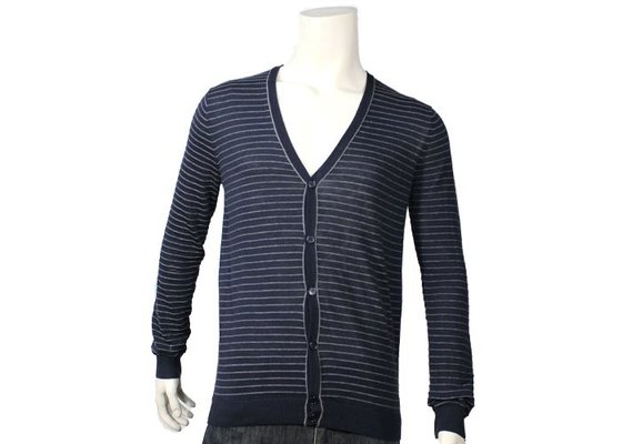 Long Sleeve Casual Mens Knit Sweater Cardigan White And Navy Color Striped