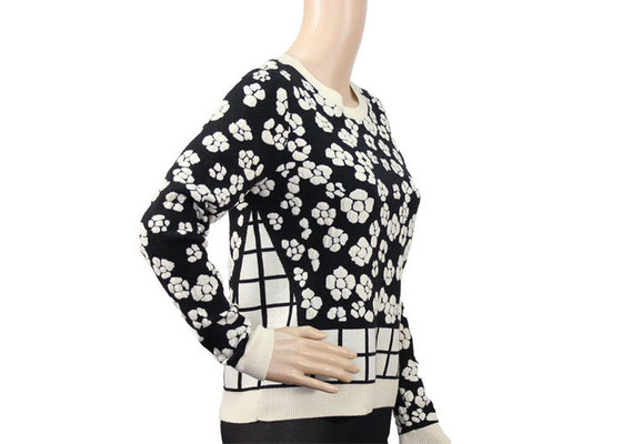 Spring Black Ladies Round Neck Jumper Jacquard Flower Pattern Sweater For Women