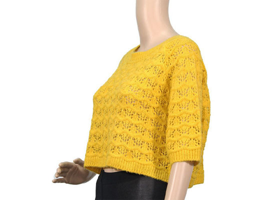 Loose Short Sleeve Round Neck Yellow Womens Knit Sweater For Spring And Autumn