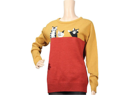 Red And Yellow Jacquard Cute Cat Pattern Jumper Jersery Knitwear For Young Ladies