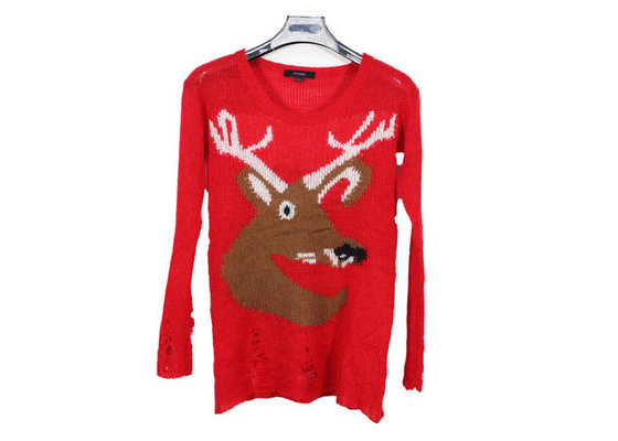 Red Long Womens Knit Sweater Reindeer Head Pattern Christmas Pullover For Spring
