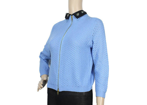 Light Blue Argyle Open Front Cardigan Zip Up Solid Color Sweater For Women