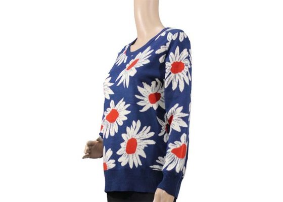 Ladies Navy Blue Womens Knit Sweater Crew Neck Jacquard Pattern For Spring