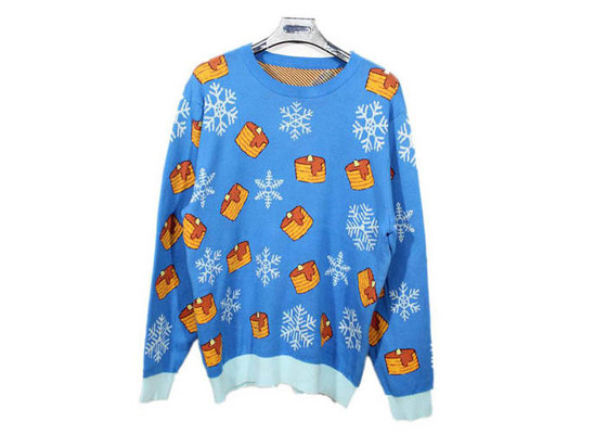 Men's Long Sleeve Christmas Sweater With Candle And Snowflake Patterns In Blue