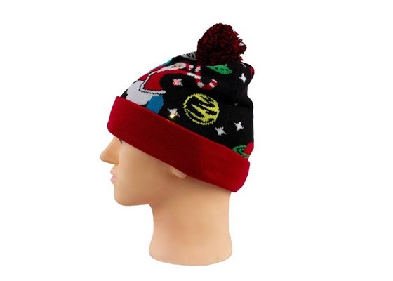 LED Jacquard Cable Knitted Warm Bobble Hat Soft Women Christmas Beanie With Pompom