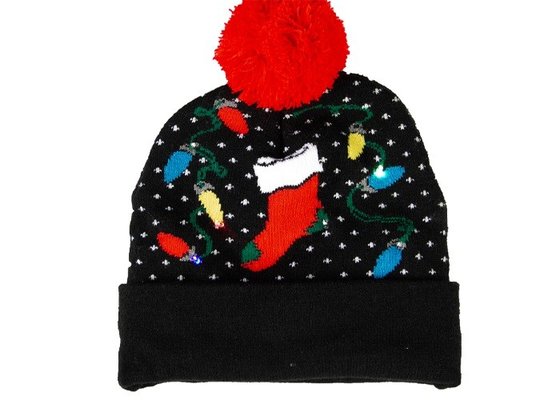 Cozy Knit Black Warm Winter Accessories LED Light Jacquard Soft Xmas Beanie Hat