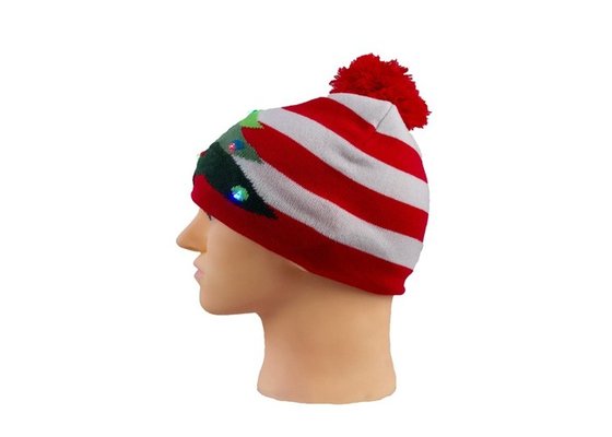 Lighted Unisex Xmas Beanie Hat Red Stripe Christmas Tree 7 Gauge Knit Pattern
