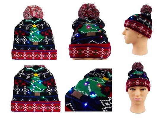 Adult Size Warm Winter Accessories Ugly Pom Jacquard Knit Led Christmas Beanie