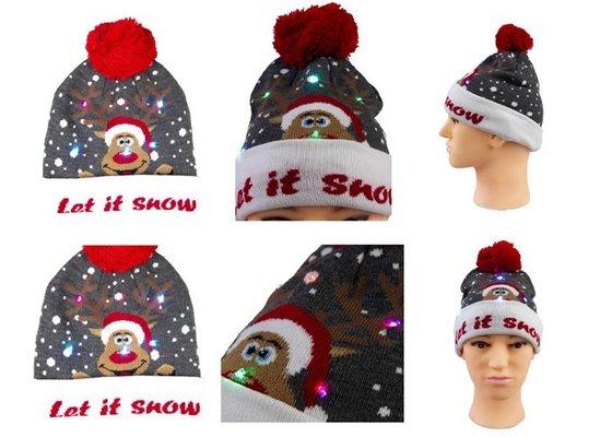 Grey Knitted 9GG Men Christmas Beanie Hats Lighted Pom Pom Ball For Christmas Day