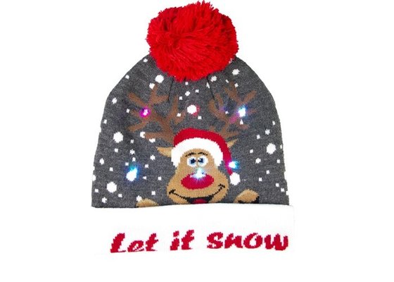 Grey Knitted 9GG Men Christmas Beanie Hats Lighted Pom Pom Ball For Christmas Day