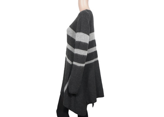 Grey Cotton 12 Gauge Striped Pattern Women Sweater Round Collar Long For Autumn