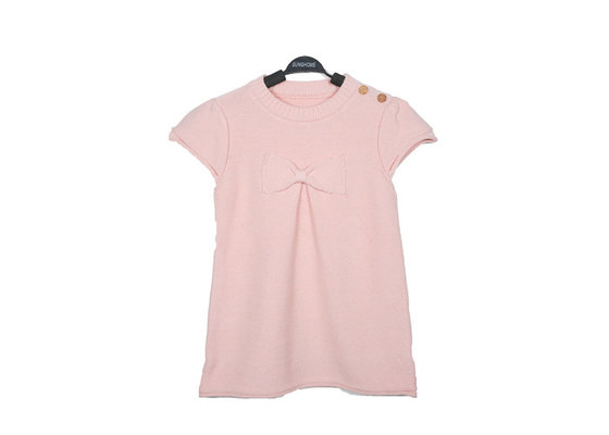 Spring Pink Plain Knitted Soft Knitwear Dress Short Sleeve Round Collar With Bow