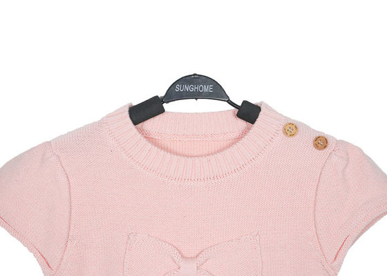 Spring Pink Plain Knitted Soft Knitwear Dress Short Sleeve Round Collar With Bow