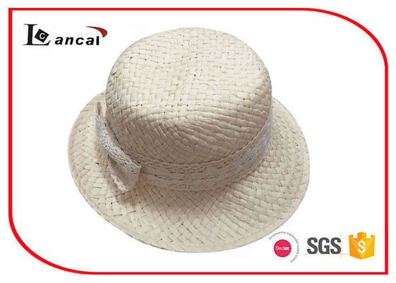 Cream Lace Bowknot Ribbon Flat Brim Straw Hat , 57cm Summer Boater Hat