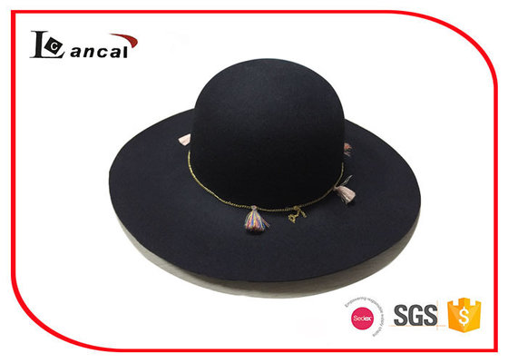 Ladies 100% Wool Felt Hat , Beach Black Floppy Hat With Special Tassels Band