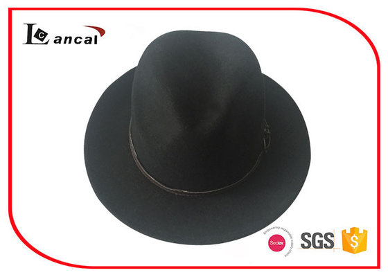 57cm PU Leather Trim Wool Felt Hat , Black Felt Floppy Hat For Women