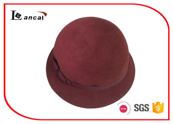 Burgundy 100% Wool Felt Hat With Bowknot Ribbed Hatband , Womens Bowler Hat