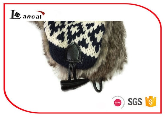 58cm Peaked Knitted Trapper Hat Horn Button , Mens Faux Fur Trapper Hat