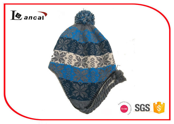Multi Color Pom And Braid Knitted Trapper Hat For Boys , Fur Bomber Hat